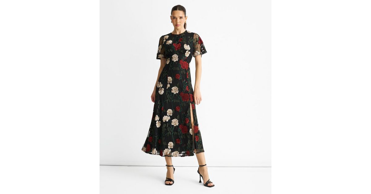 Gini London Black Angel Sleeves Embroidered Floral Midi Dress | New Look