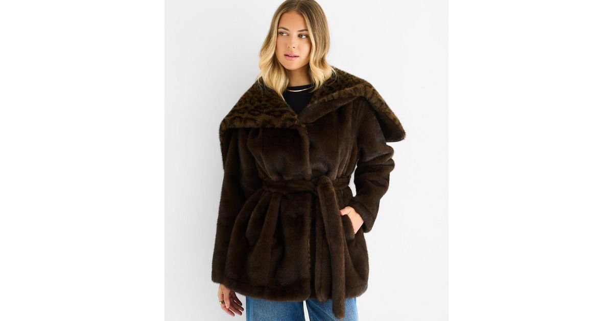 Gini London Brown Faux Fur Leopard Print Trim Coat | New Look