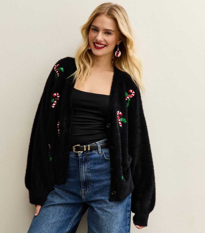 Sunshine Soul Black Candy Cane Embroidered Cardigan | New Look
