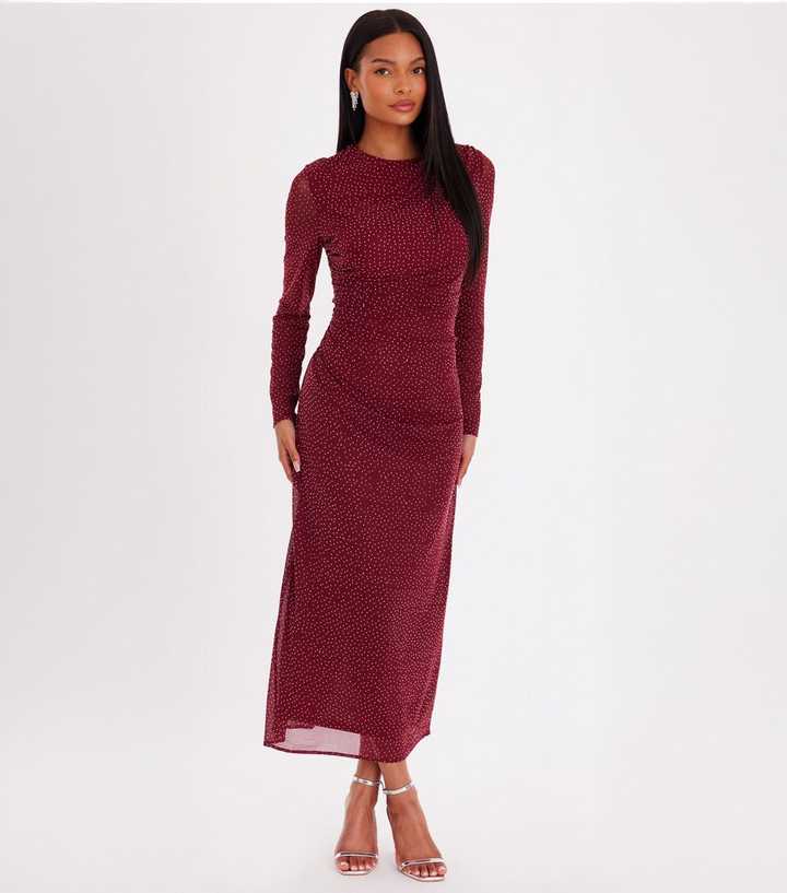 QUIZ Dark Red Mesh Rhinestone Midaxi Dress | New Look