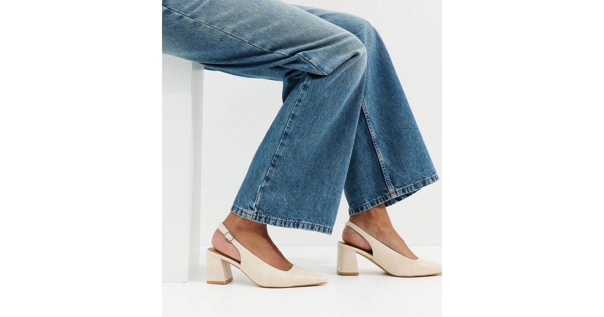 Wide Fit Off White Block Lizard Effect Slingback Court Shoes | New Look