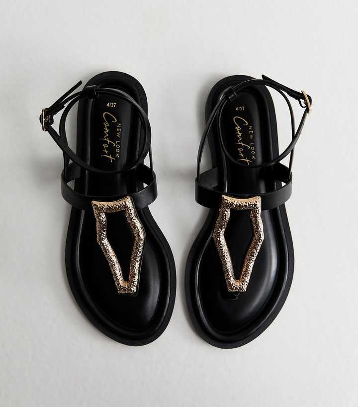 Black Faux Leather Metal Detail Sandals | New Look