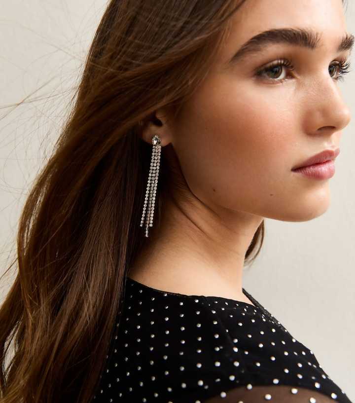 Silver Tone Long Diamante Tassel Earrings | New Look