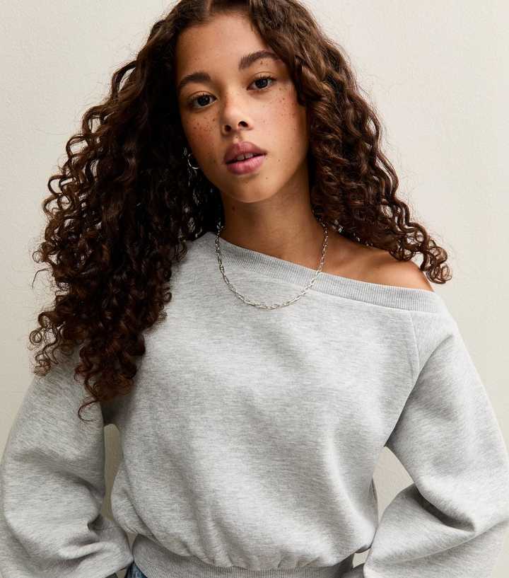 Girls Mid Grey Off The Shoulder Sweatshirt | New Look