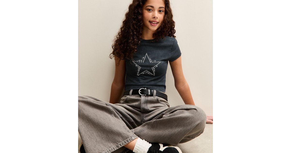 Girls Dark Grey Studded Star T-Shirt | New Look