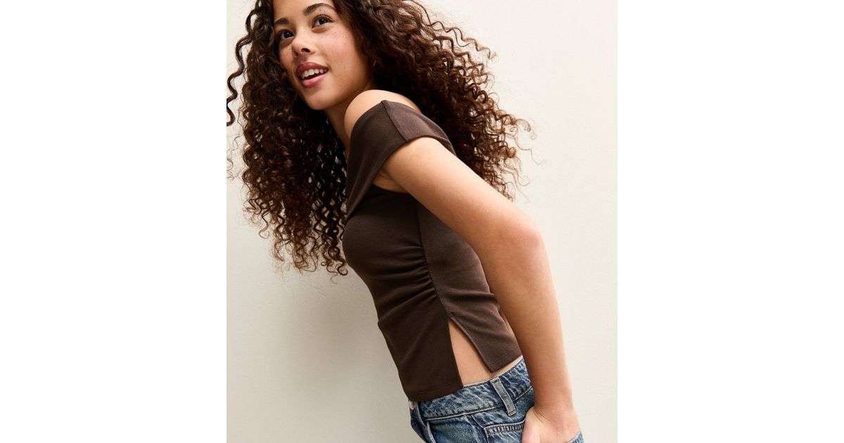 Girls Dark Brown Ruched Side Bardot Top | New Look
