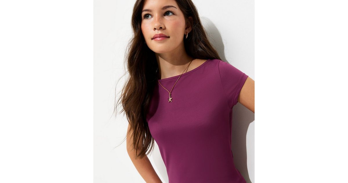Girls Dark Purple Slash Neck Slinky T-Shirt | New Look