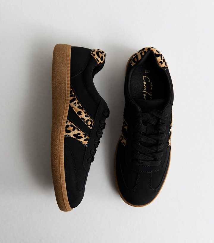 Black Faux Suede Leopard Side Stripe Trainers | New Look