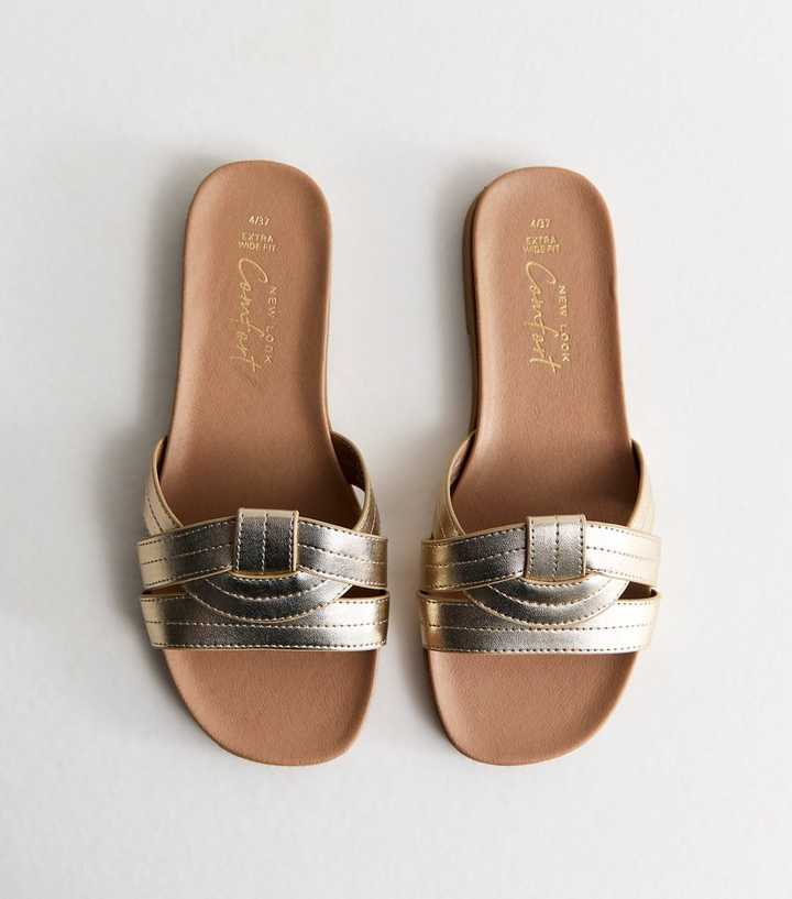 Extra Wide Fit Gold Interwoven Strap Faux Leather Mules | New Look