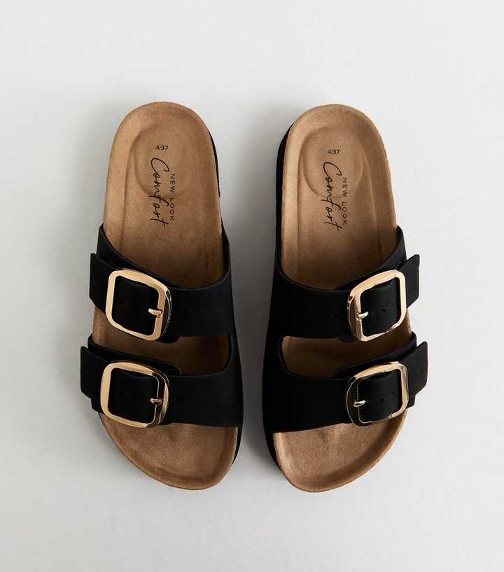 Black Cork Sole Double Strap Mule Sandals | New Look