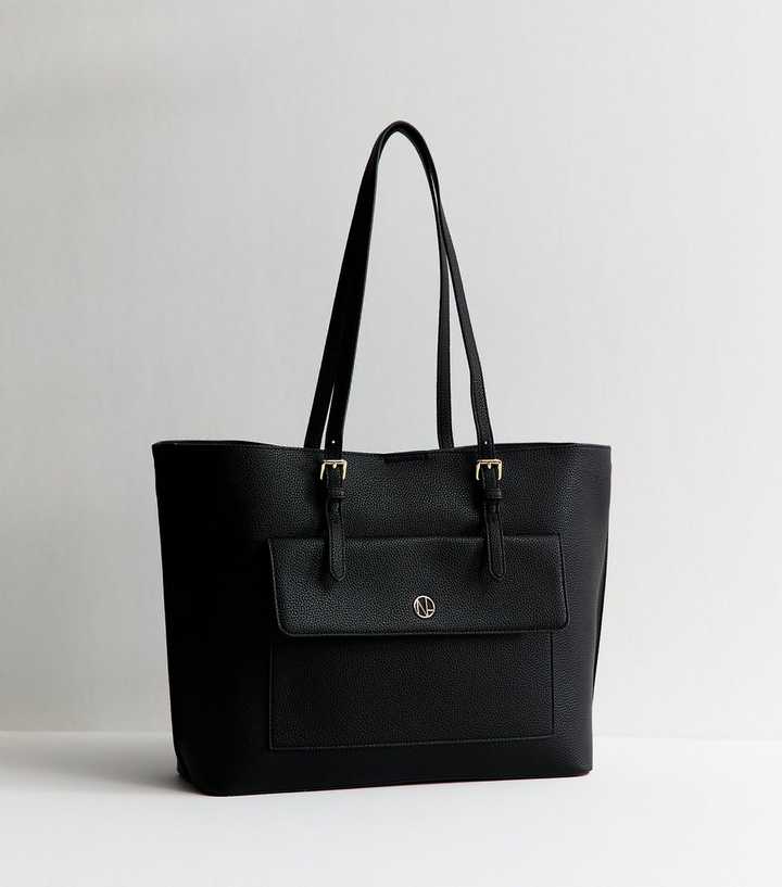 Black Textured Faux Leather Front Pocket Tote Bag | New Look