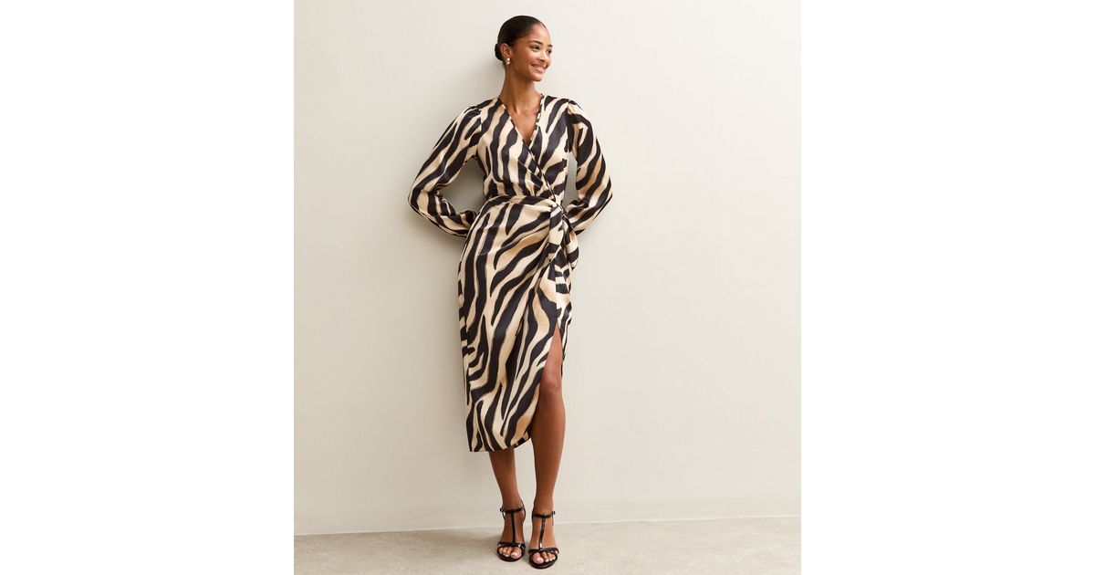 Black Zebra Print Satin Tie Waist Midi Dress | New Look