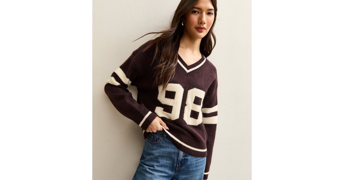 Dark Brown Football V-Neck Jumper | New Look
