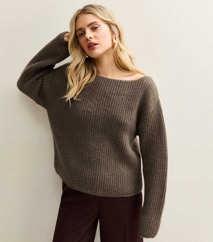 Mink Ribbed Slash Neck Jumper | New Look