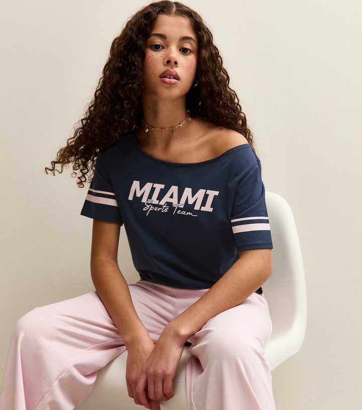 Girls Navy Sports Team Slash Neck Top | New Look