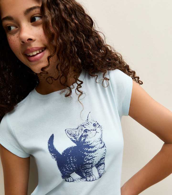 Girls Light Blue Cat Logo Cap Sleeve Top | New Look