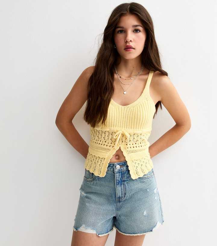 Girls Light Yellow Tie Front Knit Cami Top | New Look