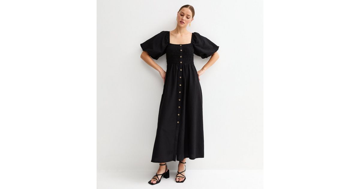 Black Faux Button Milkmaid Midi Dress | New Look