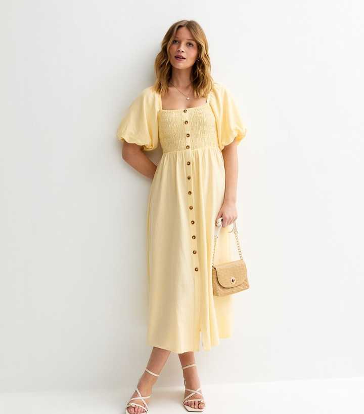 Light Yellow Faux Button Milkmaid Midi Dress | New Look