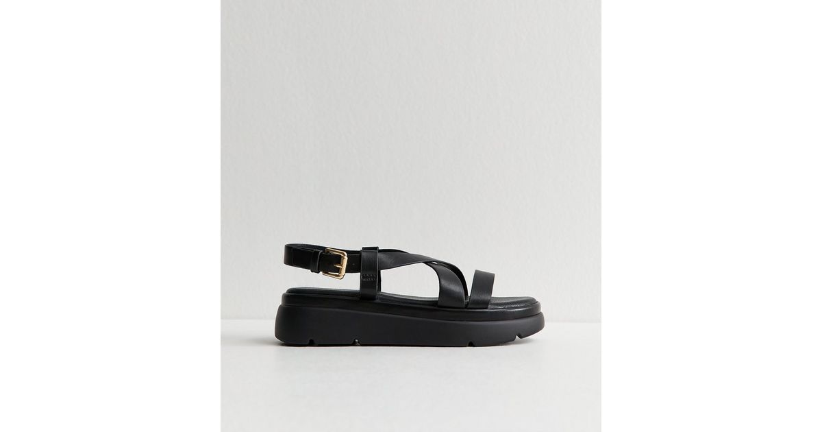 Black Faux Leather Crossover Strap Flatform Sandals | New Look