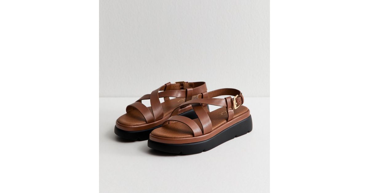 Tan Faux Leather Crossover Strap Flatform Sandals | New Look