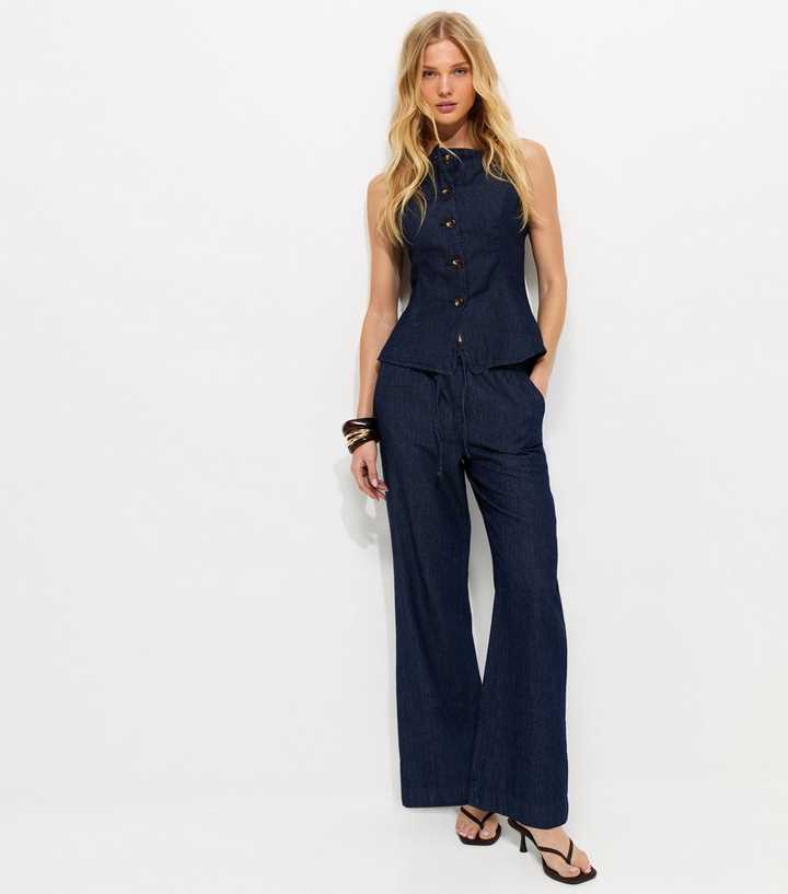 Indigo Wash Denim Drawstring Wide Leg Trousers | New Look