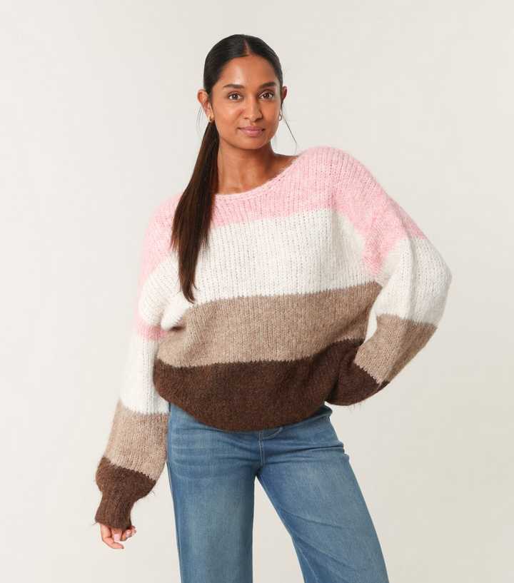 Blue Vanilla Pink Striped Slash Neck Knit Jumper | New Look