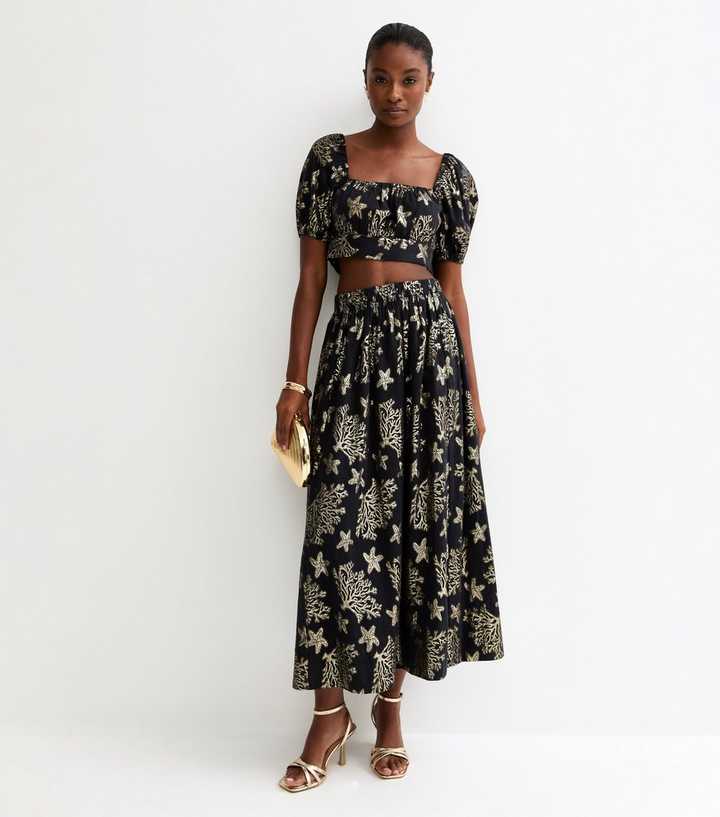Black Foiled Starfish Tiered Midi Skirt | New Look