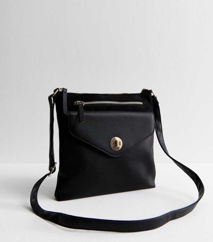 Black Grained Faux Leather Pocket Messenger Bag | New Look
