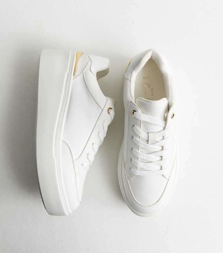 White Textured Faux Leather Wedge Trainers | New Look