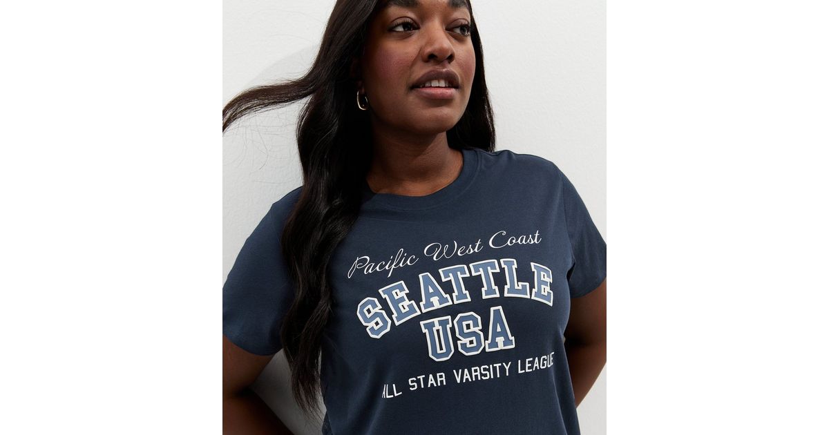 Curves Navy Cotton Seattle Logo Print T-Shirt | New Look