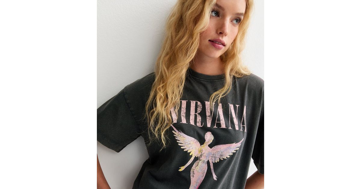 Dark Grey Nirvana Angel Print Oversized T-Shirt | New Look