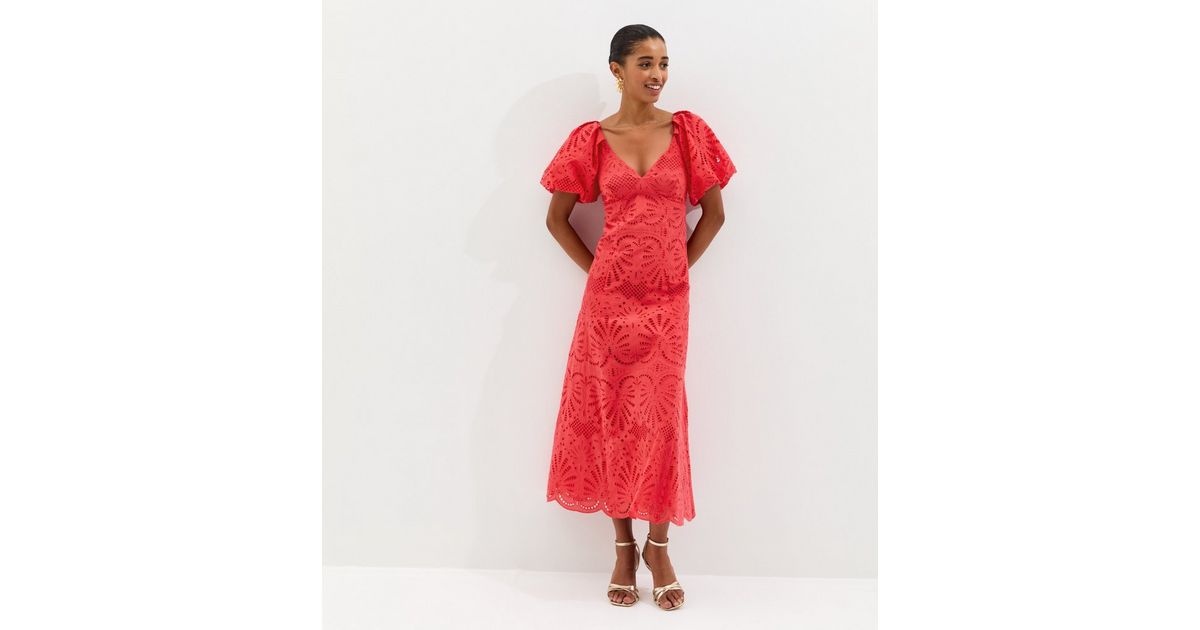 Dark Coral Cutwork Tie Back Midi Dress | New Look