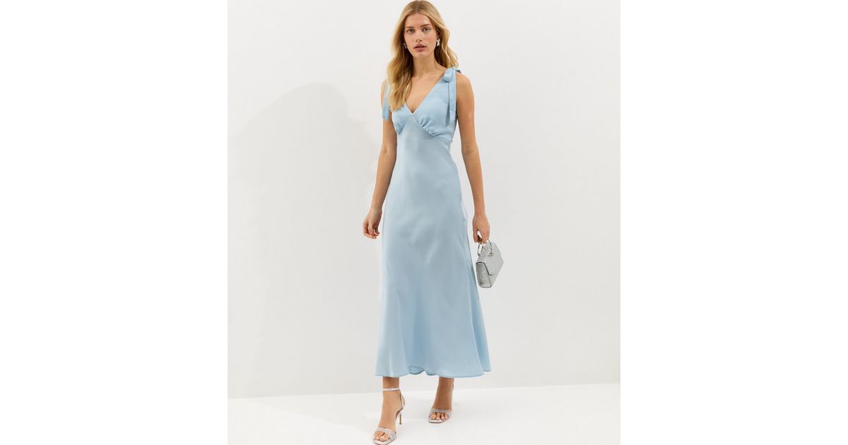 Light Blue Tie Shoulder Plunge Maxi Dress | New Look