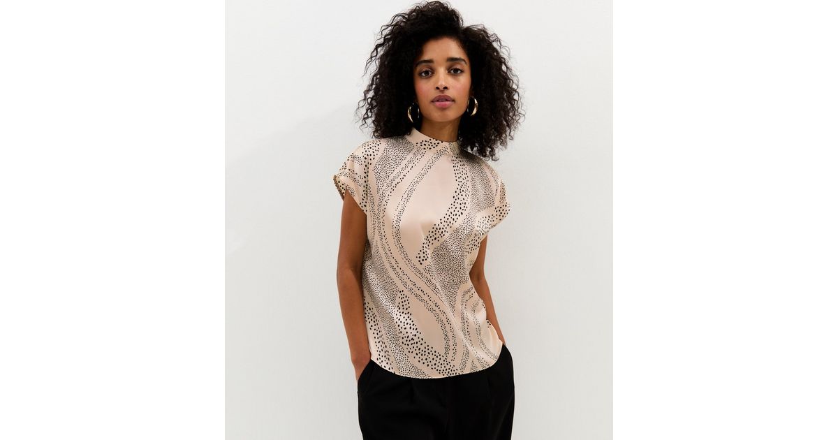 Cream Satin Swirly Print High Neck Blouse | New Look