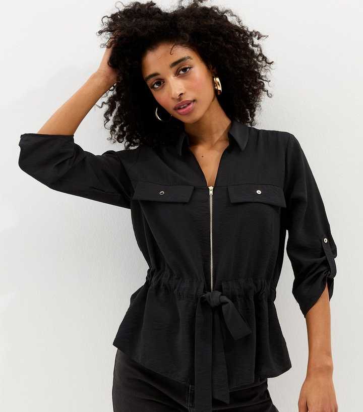 Black Zip Up Cropped Sleeve Shirt | New Look