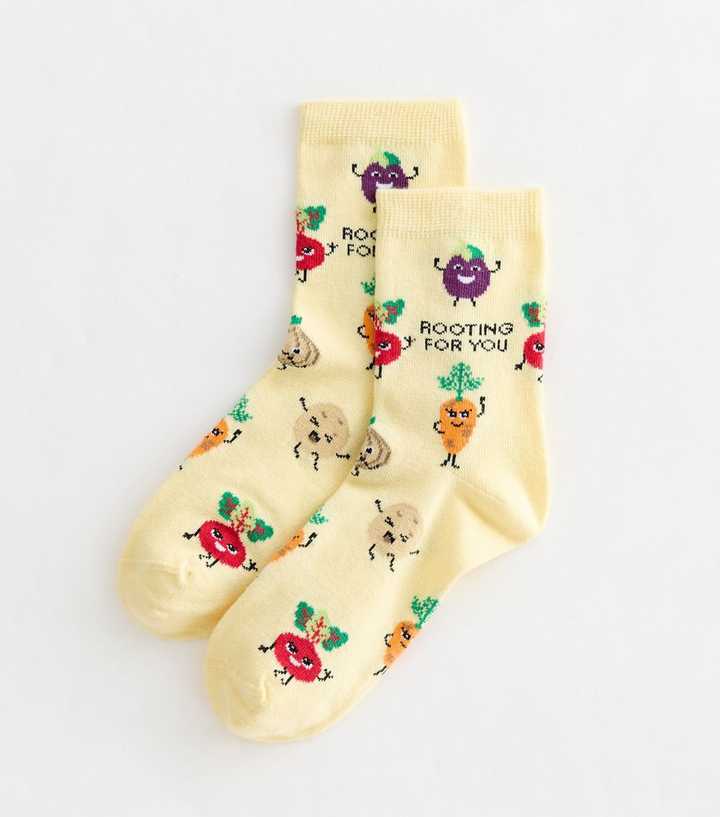 Yellow Root Vegetable Patterned Ankle Socks | New Look