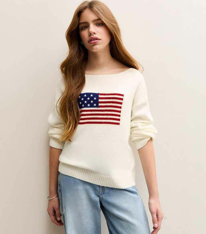 Grls Cream American Flag Slash Neck Jumper | New Look