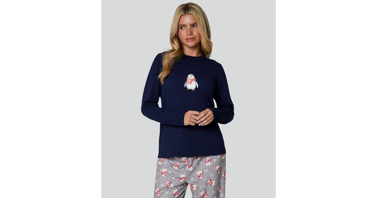 Loungeable Navy Penguin Print Top and Trousers Pyjama Set | New Look