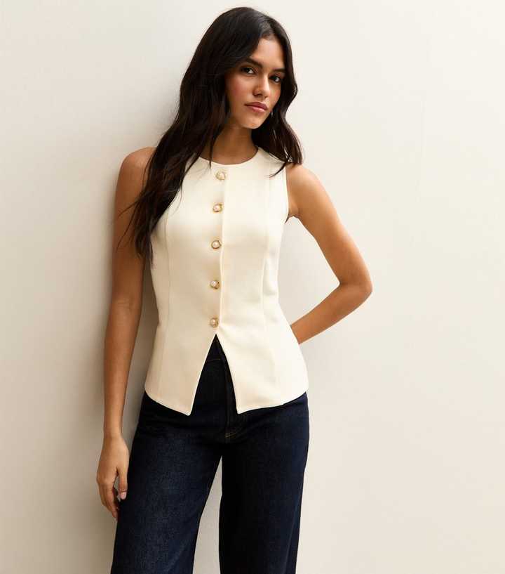 Off White Crew Faux Pearl Button Waistcoat | New Look