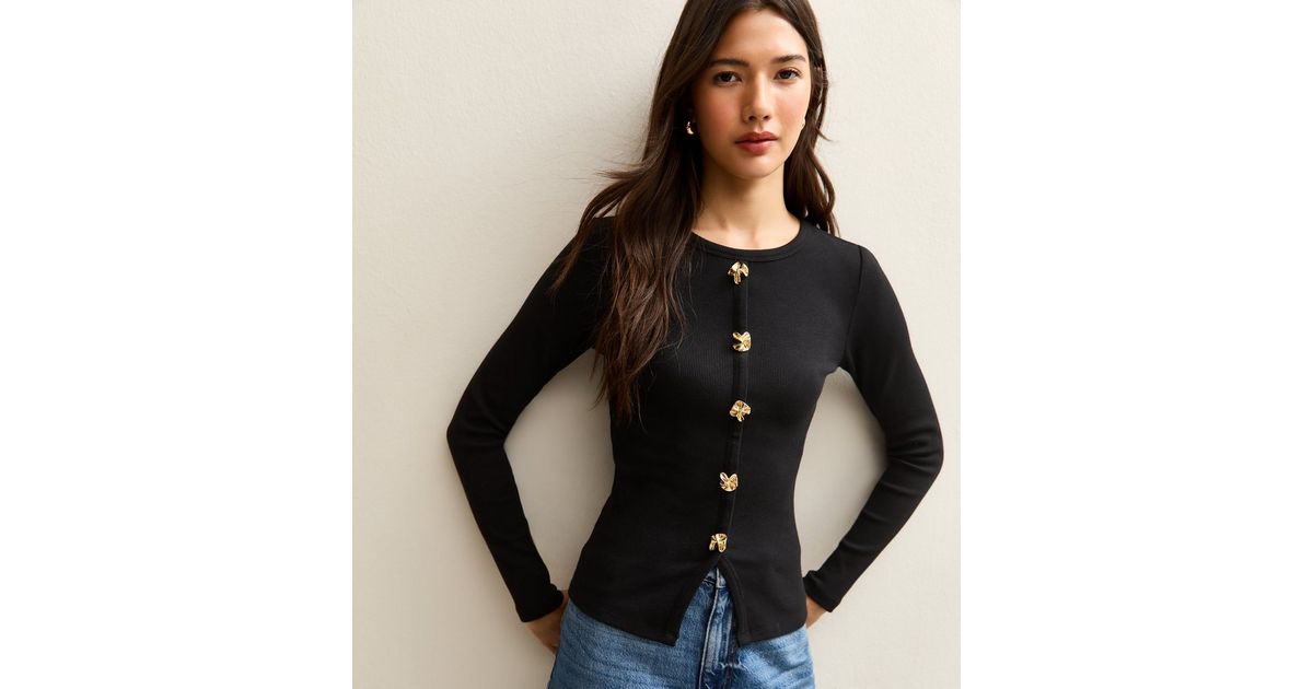 Black Ribbed Gold Button Long Sleeve Top | New Look