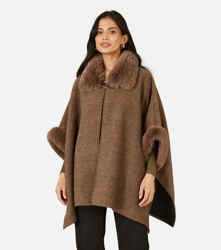 Yumi Brown Faux Fur Lined Cape | New Look