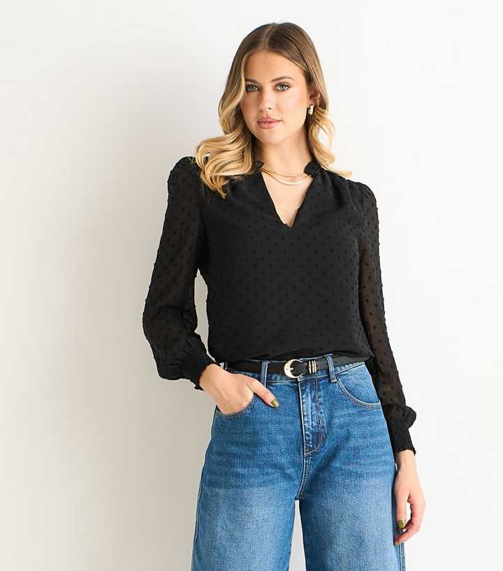 Gini London Black Dobby Chiffon Frill Neck Blouse | New Look