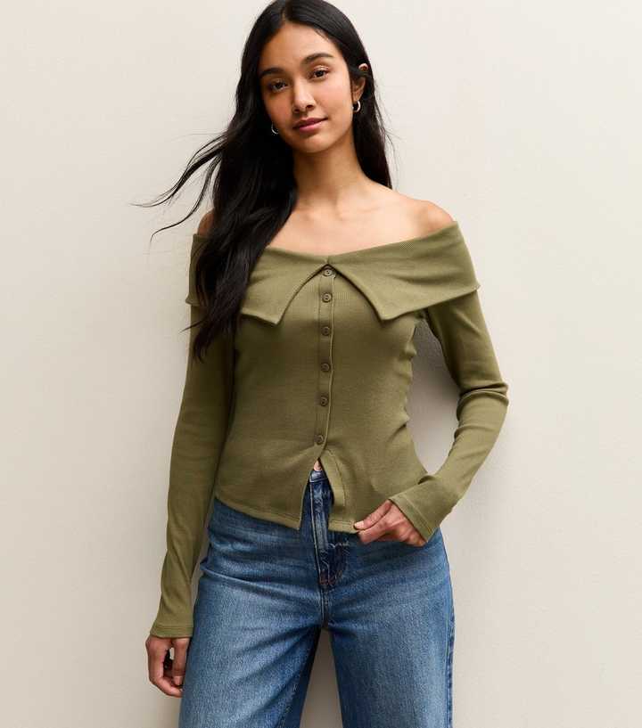 Dark Khaki Folded Bardot Neck Button Up Top | New Look