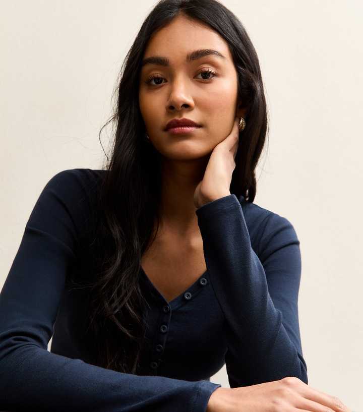 Navy Long Sleeve Henley Top | New Look