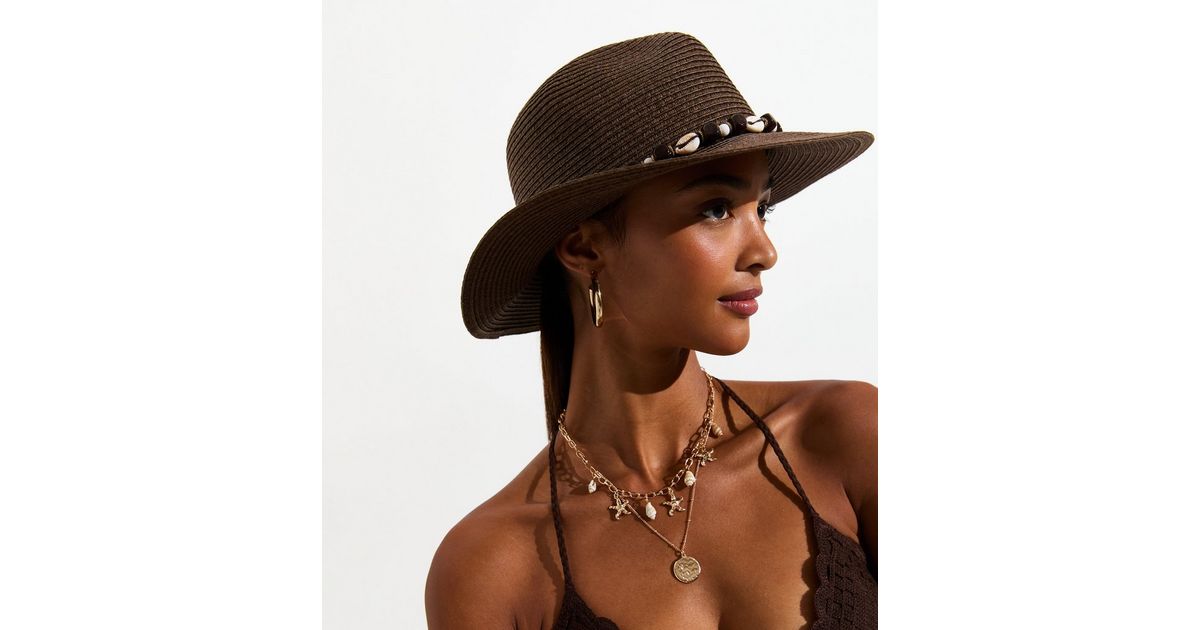Dark Brown Beaded Shell Trim Straw Fedora Hat | New Look