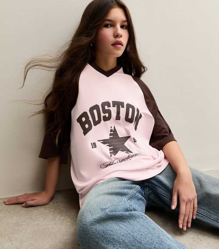 Girls Pink Boston Star Print Longline Football Top | New Look