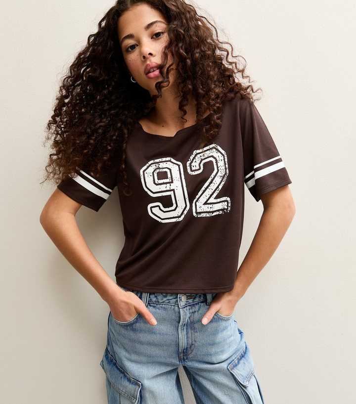 Dark Brown Airtex Slash Neck Football Top | New Look