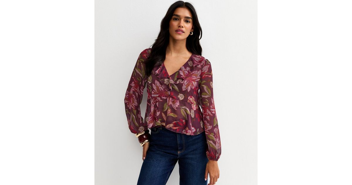 Dark Pink Floral Chiffon Tea Blouse | New Look