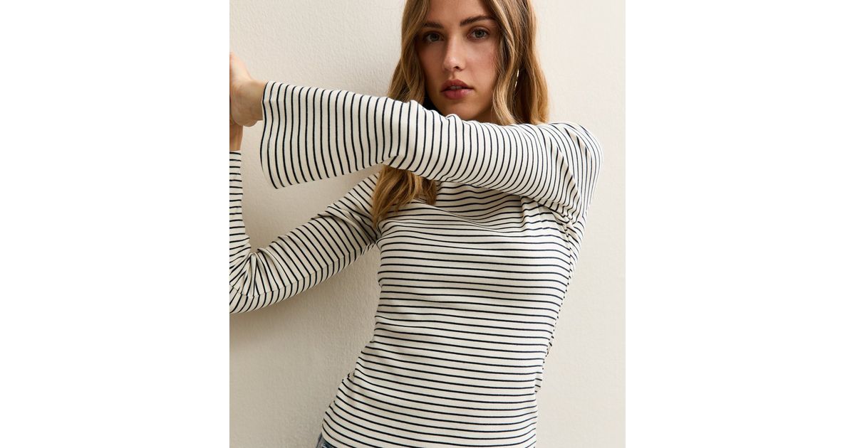 White and Navy Striped Slash Neck Flared Sleeve Top | New Look
